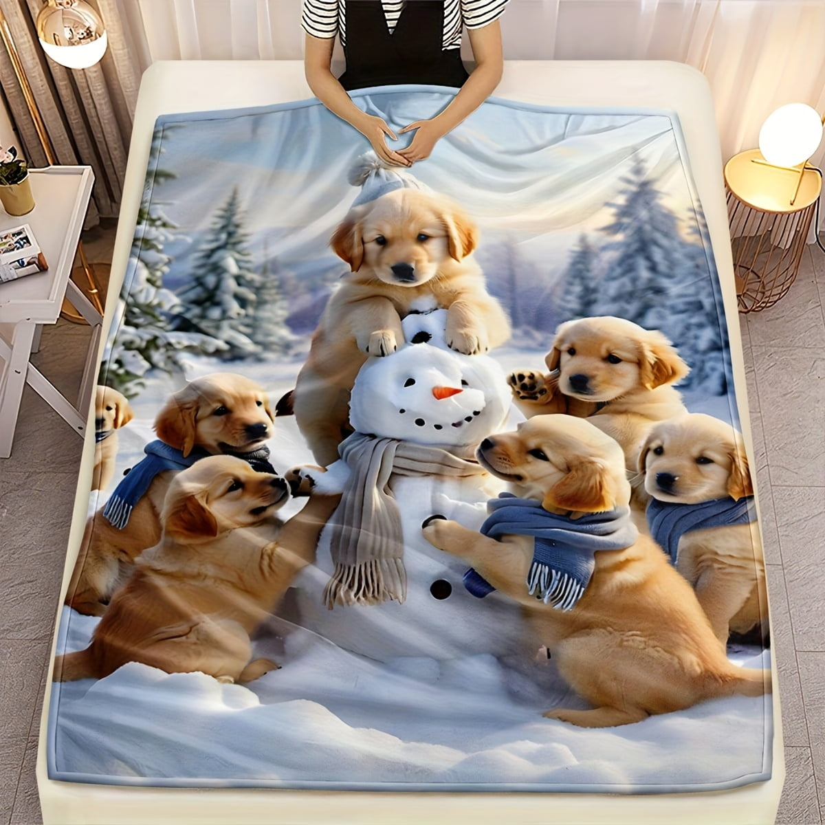 Golden Retriever Puppy & Snowman Flannel Blanket - Super Soft 280GSM ...