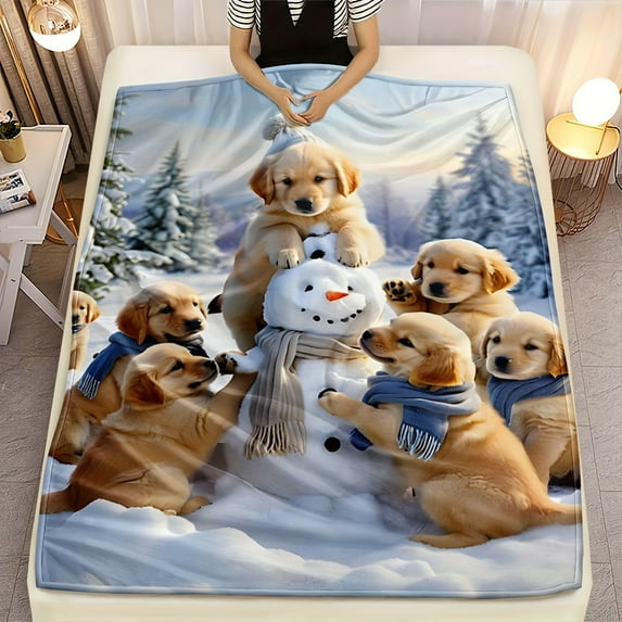 Golden Retriever Puppy & Snowman Flannel Blanket - Super Soft 280GSM ...