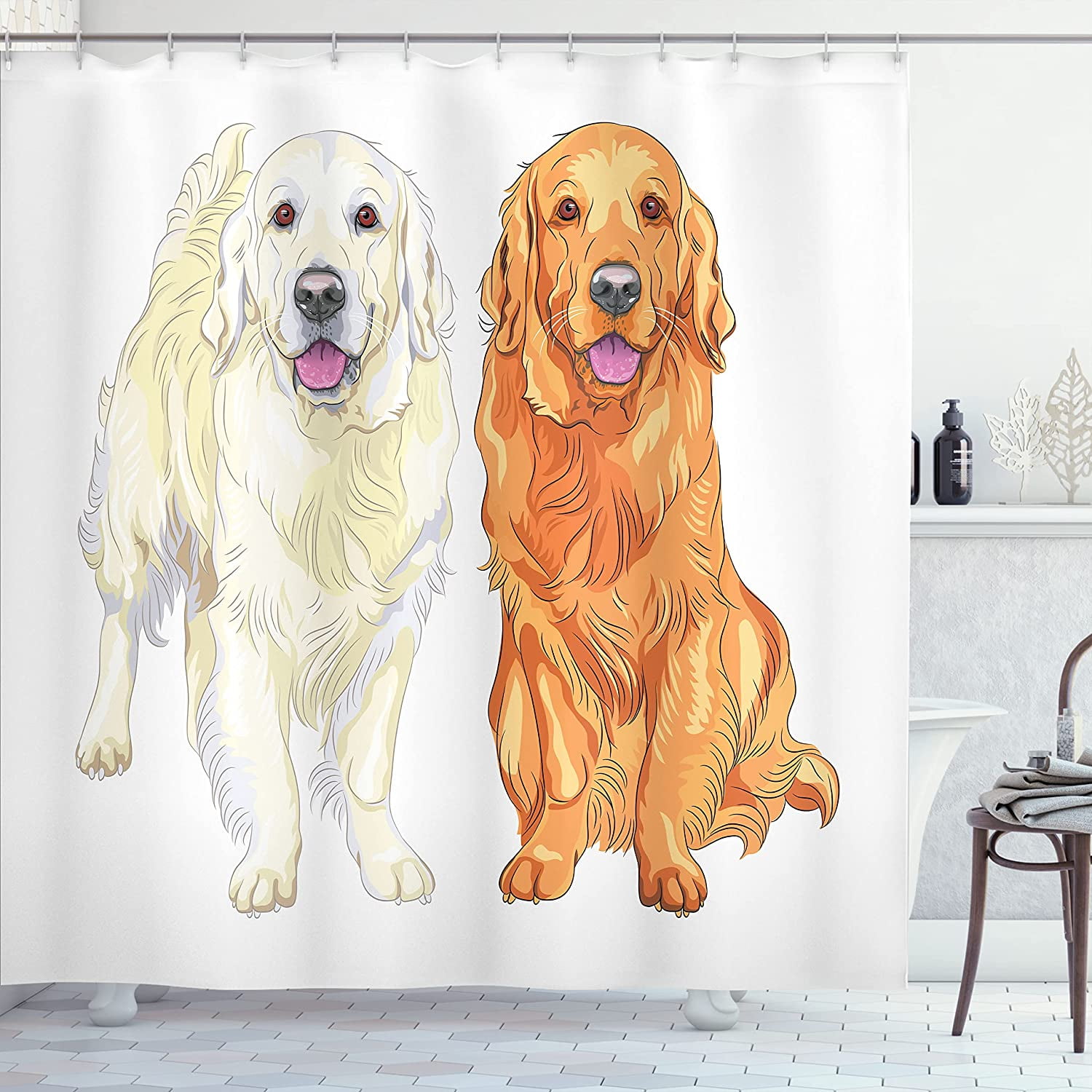 Golden Retriever Shower Curtain, Smiling Pale and Red Dog Pure Breed Sitting Staying ...