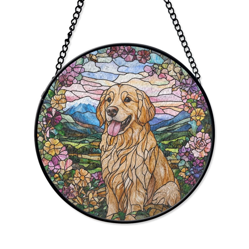 Golden Retriever Stained Glass Panel with Floral and Mountain Scene ...