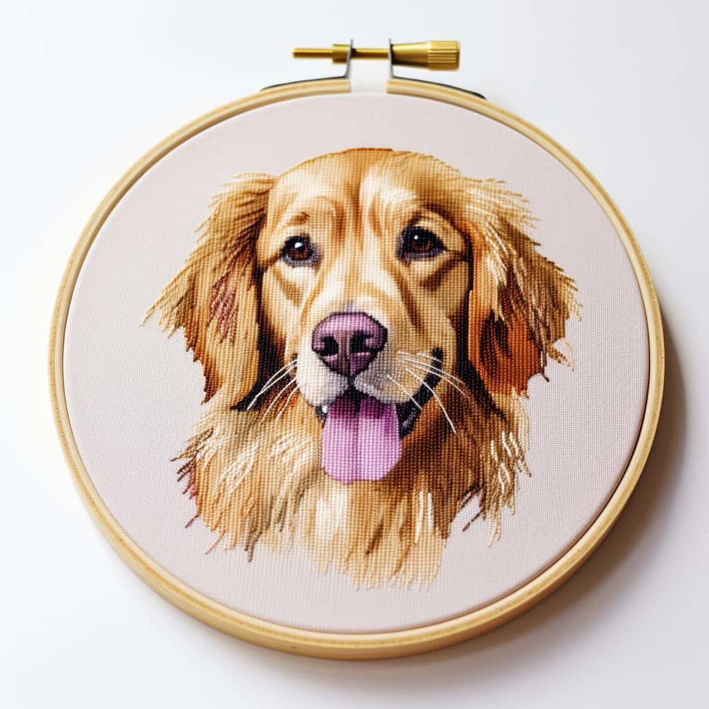 Golden Retriever Stamped Cross Stitch Kits for Beginners Easy with Hoop ...