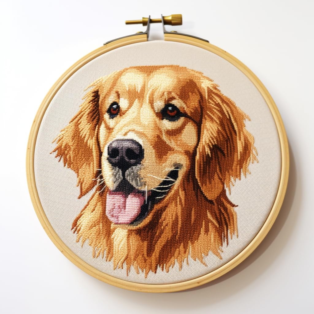 Golden Retriever Stamped Cross Stitch Kits for Beginners Easy with Hoop ...