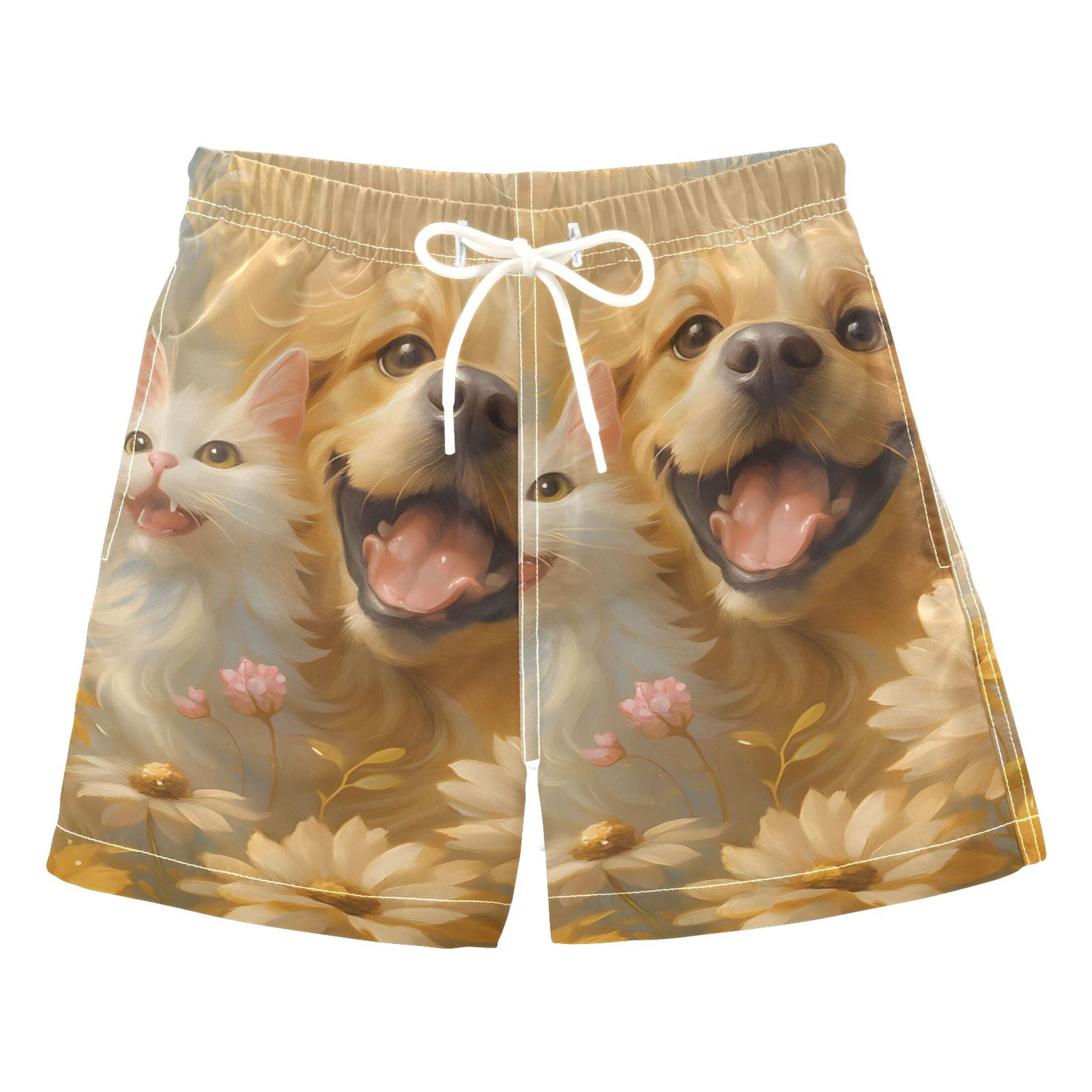 Golden Retriever White Cat Sunflower White Flower Swim Trunks Quick Dry ...