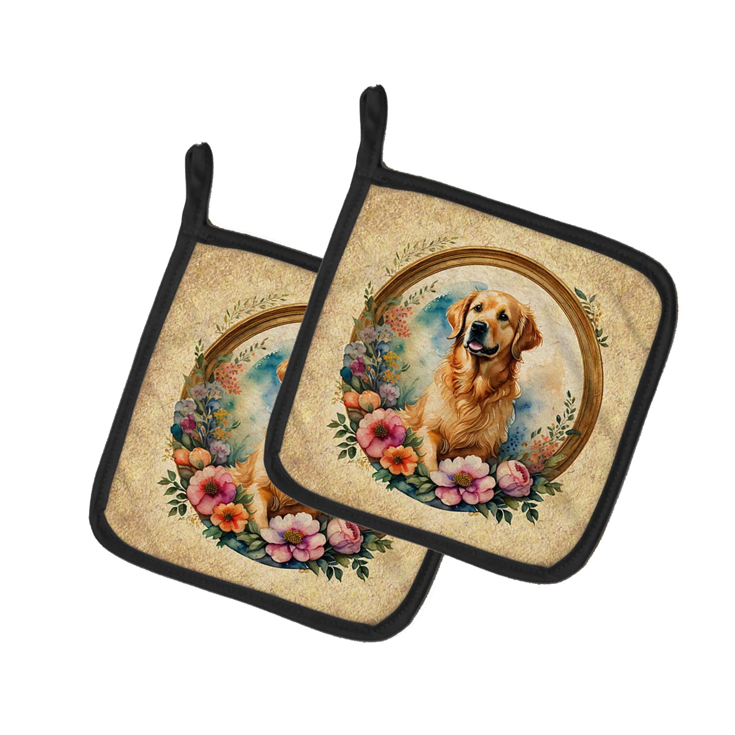 Golden Retriever and Flowers Pair of Pot Holders 7.5 in x 7.5 in ...