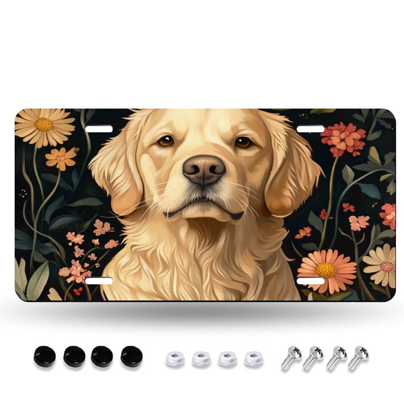 Golden Retriever in Dark Floral Background License Plate Frame ...