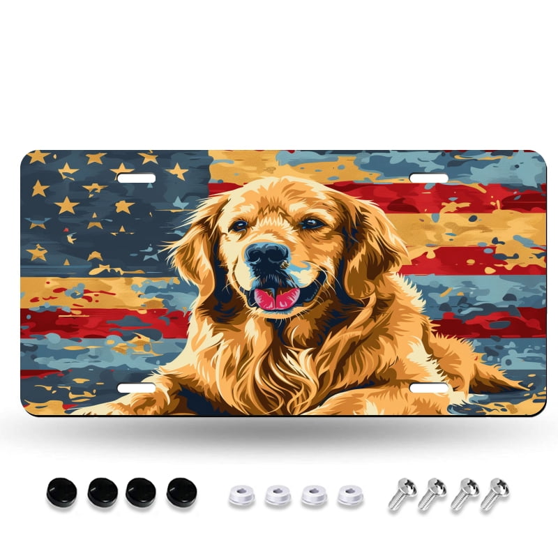 Golden Retriever on American Flag Background License Plate Frame ...