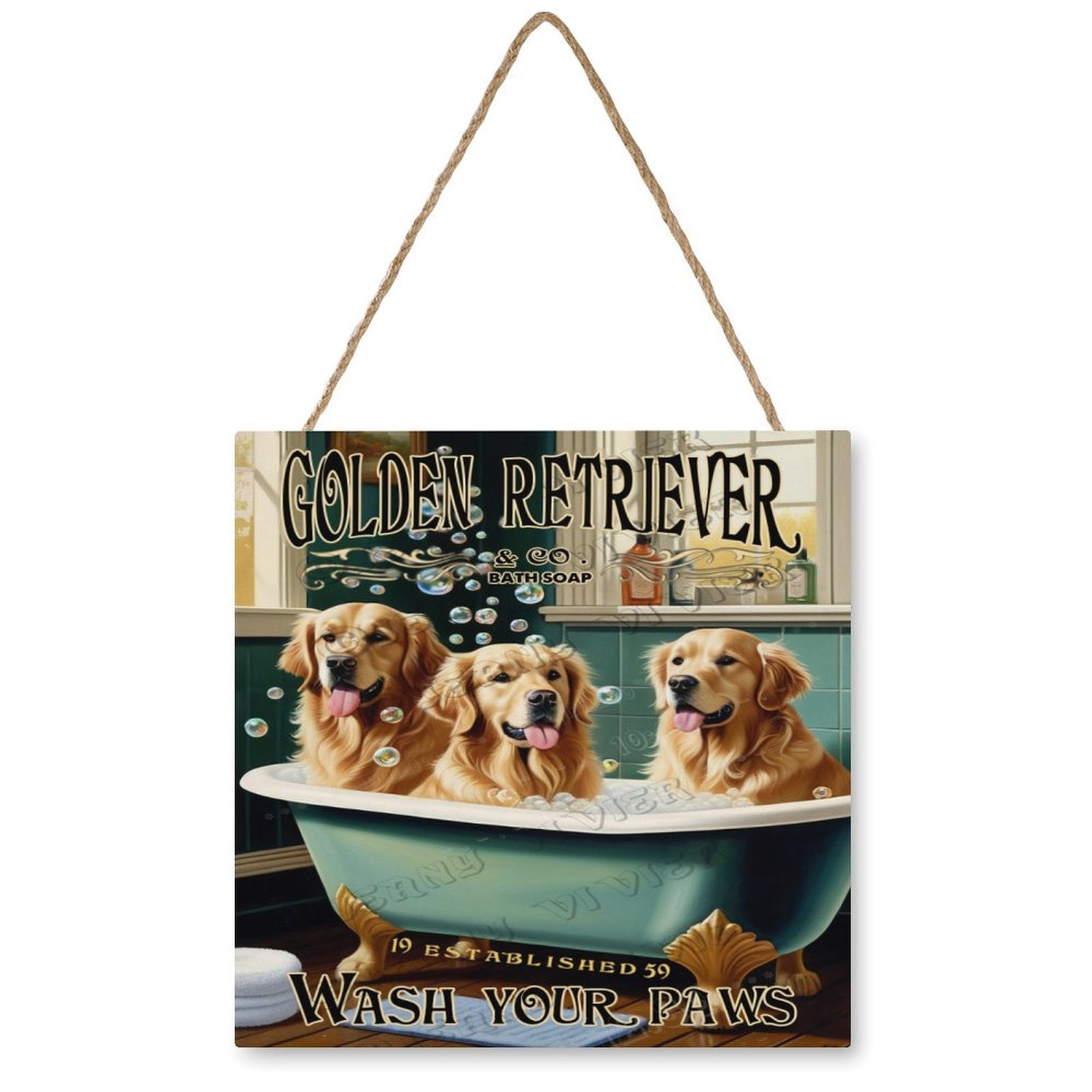 Golden Retrievers Wash Your Paws Wood Hanging Funny Bathroom Decoration ...