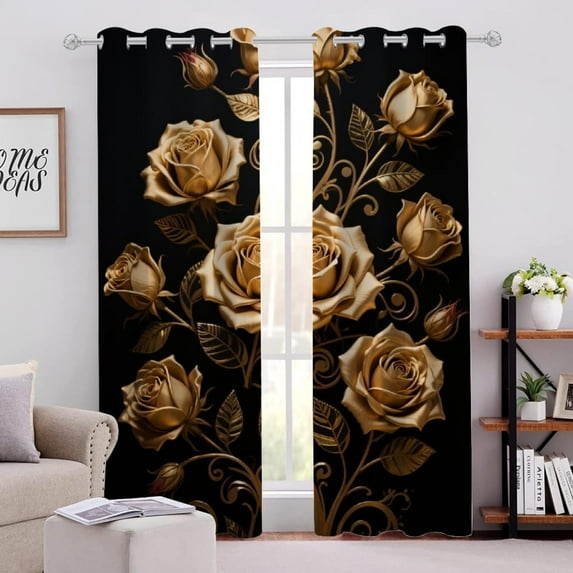 Golden Rose Curtains - Flower Window Curtains, Plant Drapes Window ...
