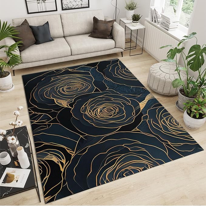 Golden Rose Flower Area Rug, Luxury Gold Line Flower Texture Large Rugs ...