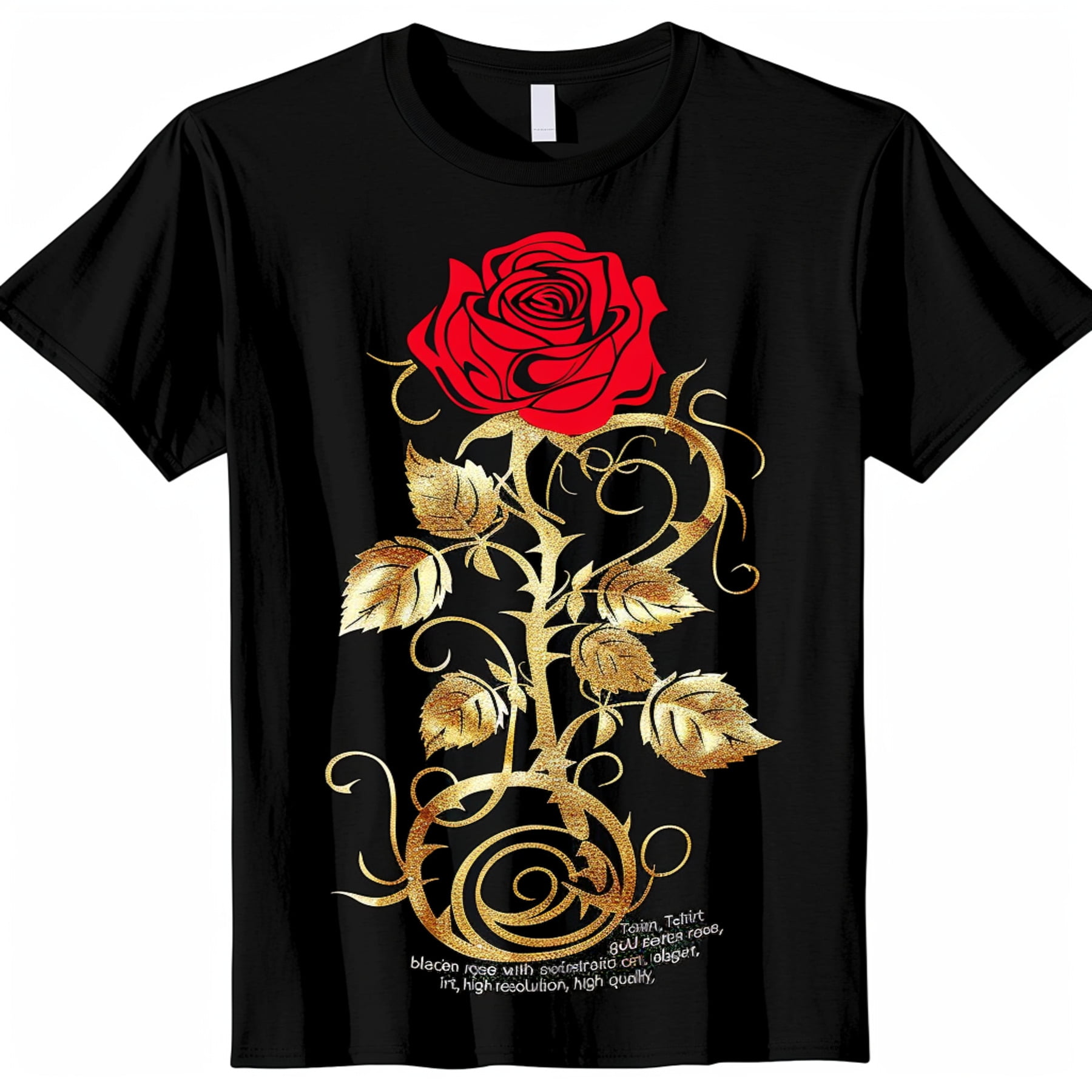 Golden Rose Swirls & Leaves: Elegant Black TShirt with High Detail ...