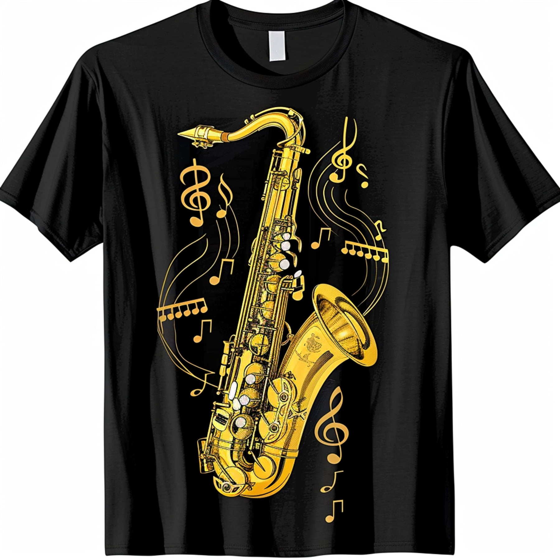 Golden Saxophone & Musical Notes Vector Design Black Tee Shirt Print ...