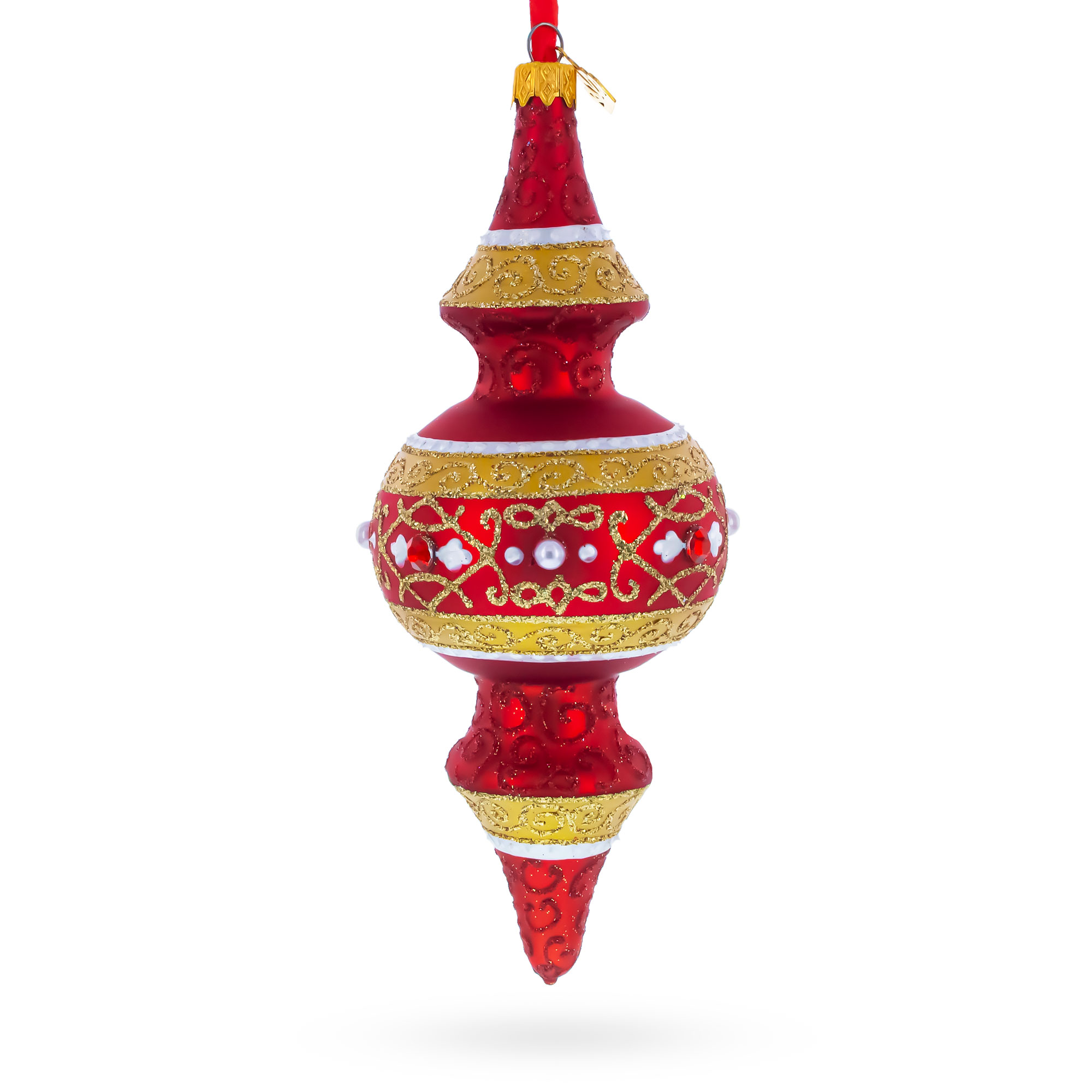 Golden Scroll & Pearl Trim Double-Ended Finial Drop Glass Christmas ...