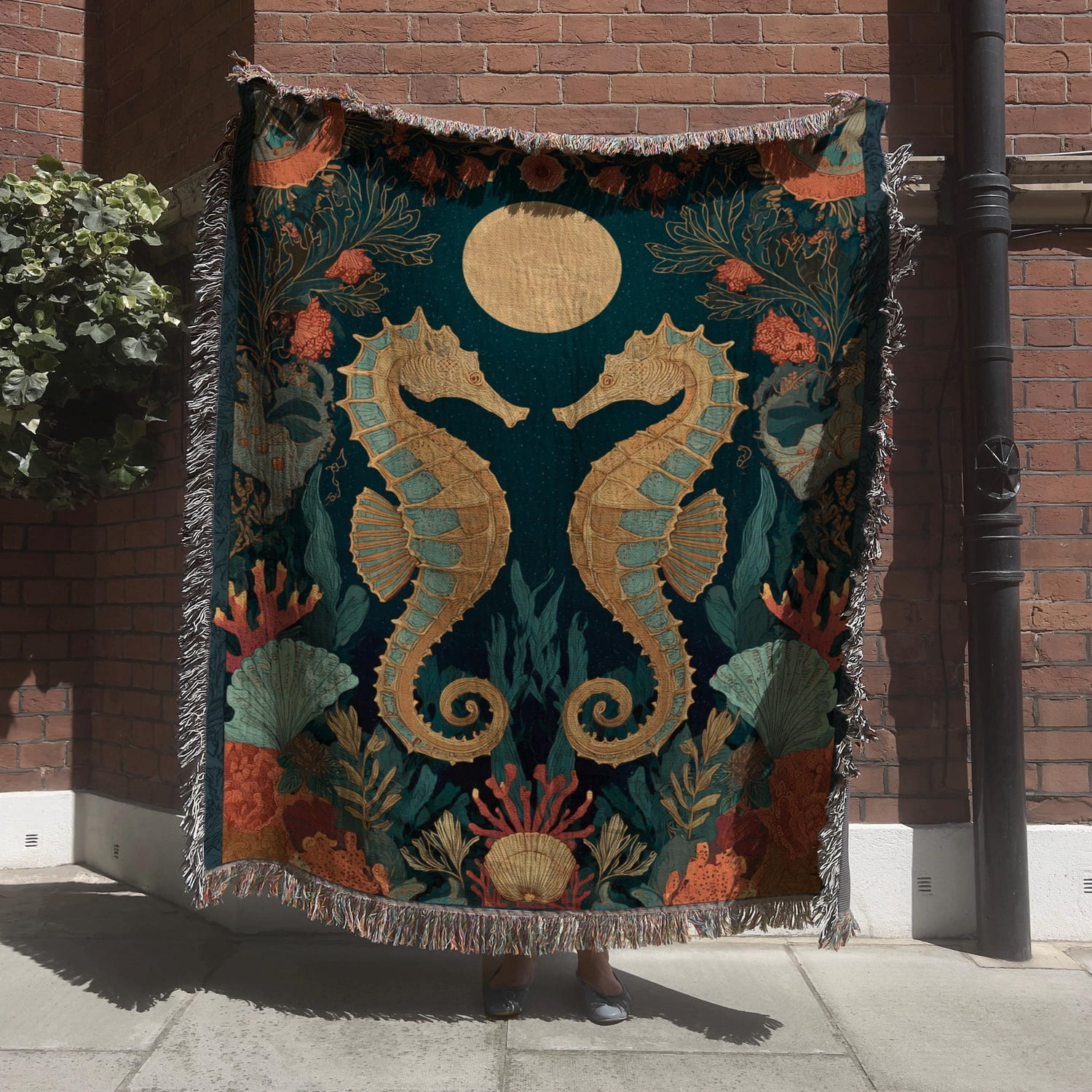 Golden Seahorses and Coral on Dark Teal Woven Blanket, 100% Cotton ...