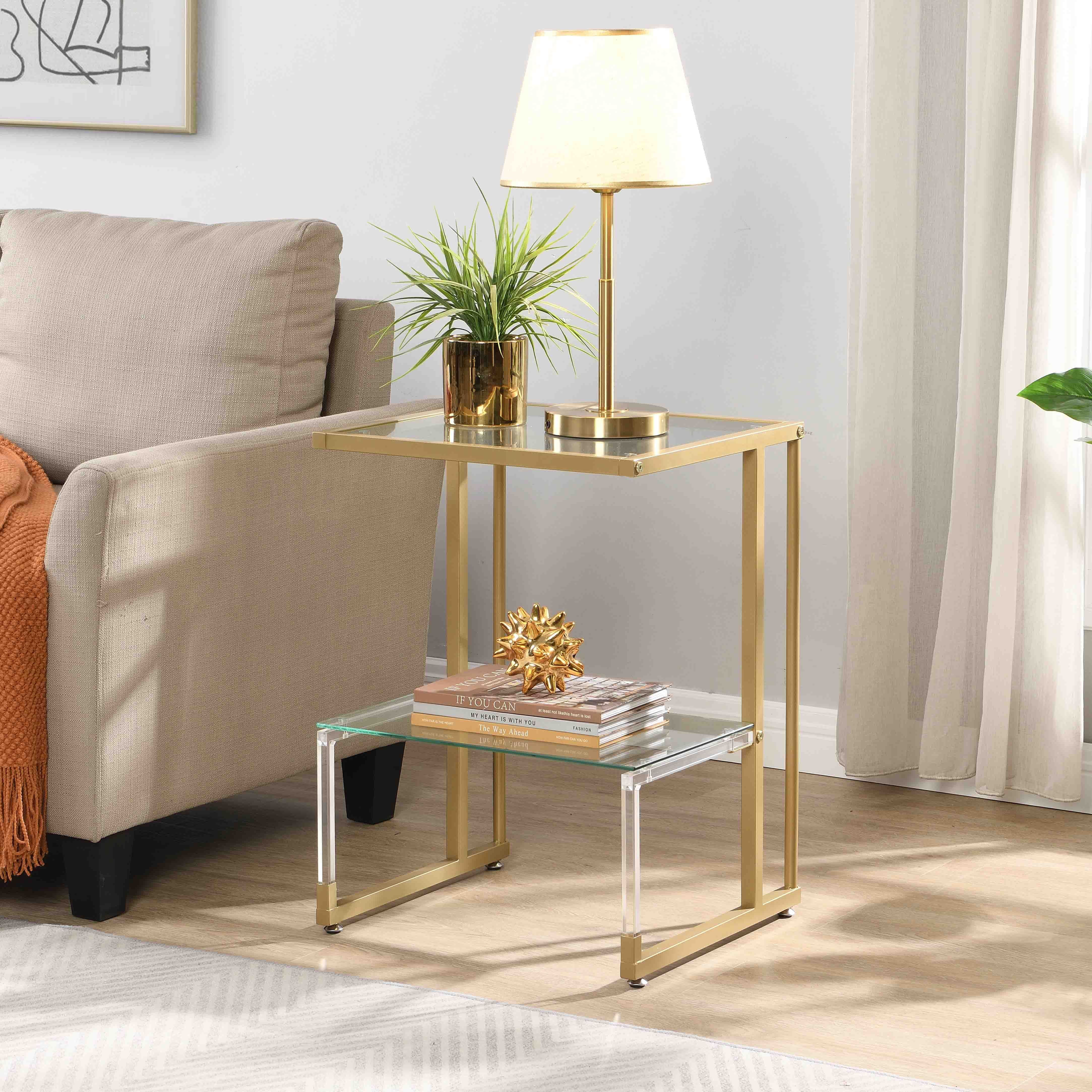 Golden Side Table, 2-Tier Acrylic Glass End Table for Living Room ...