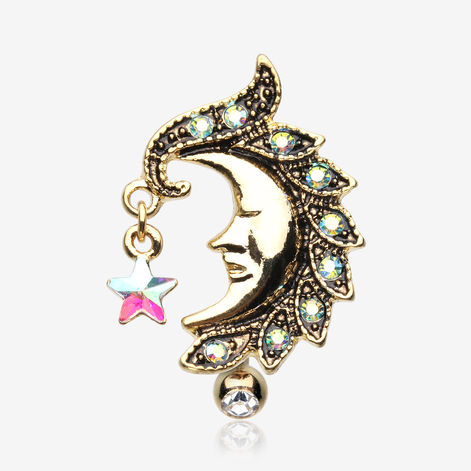 Golden Sparkle Star Crescent Moon Reverse Belly Button Ring-Aqua/Aurora ...