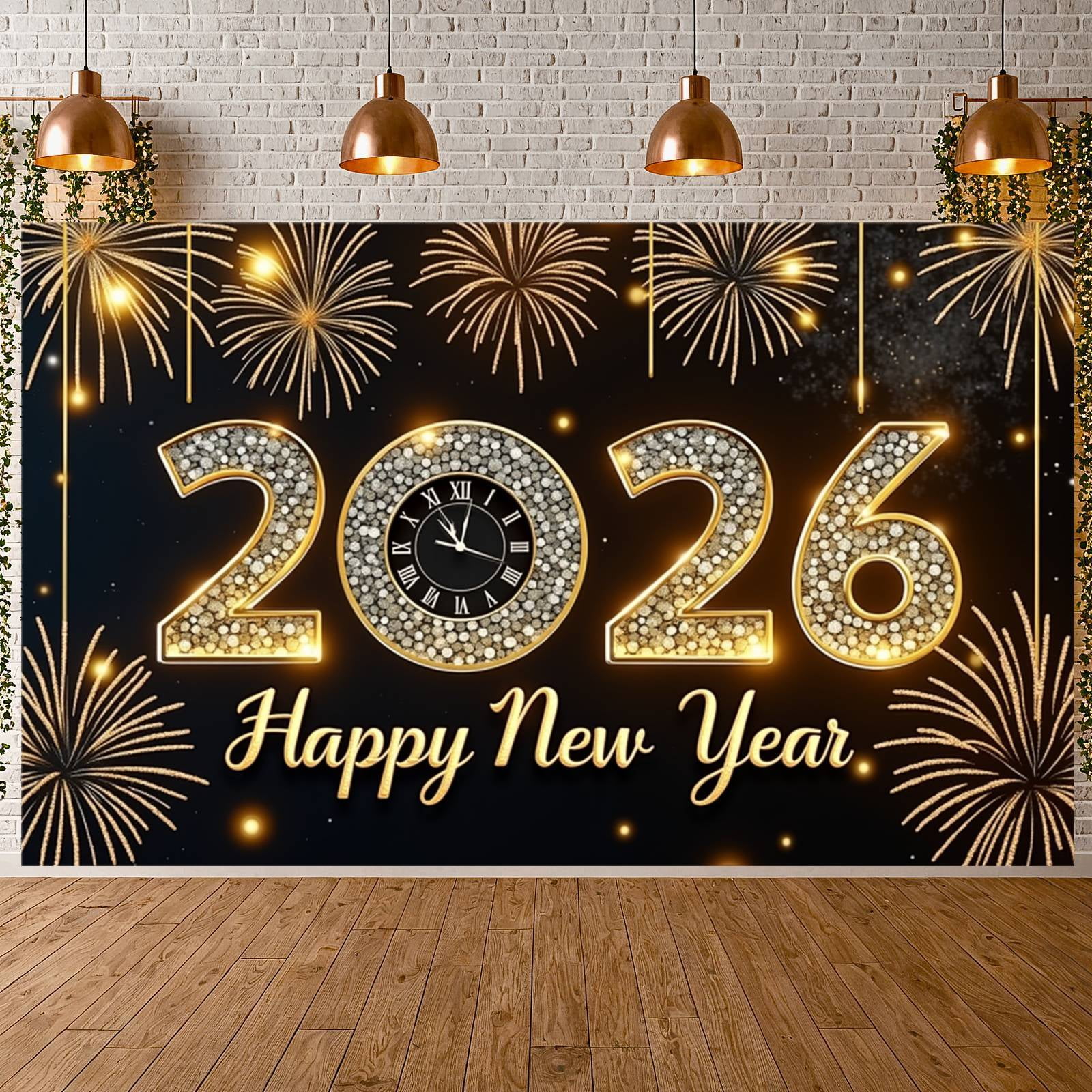 Golden Sparkling New Year Banner Firework Design 2026 Display Studded ...