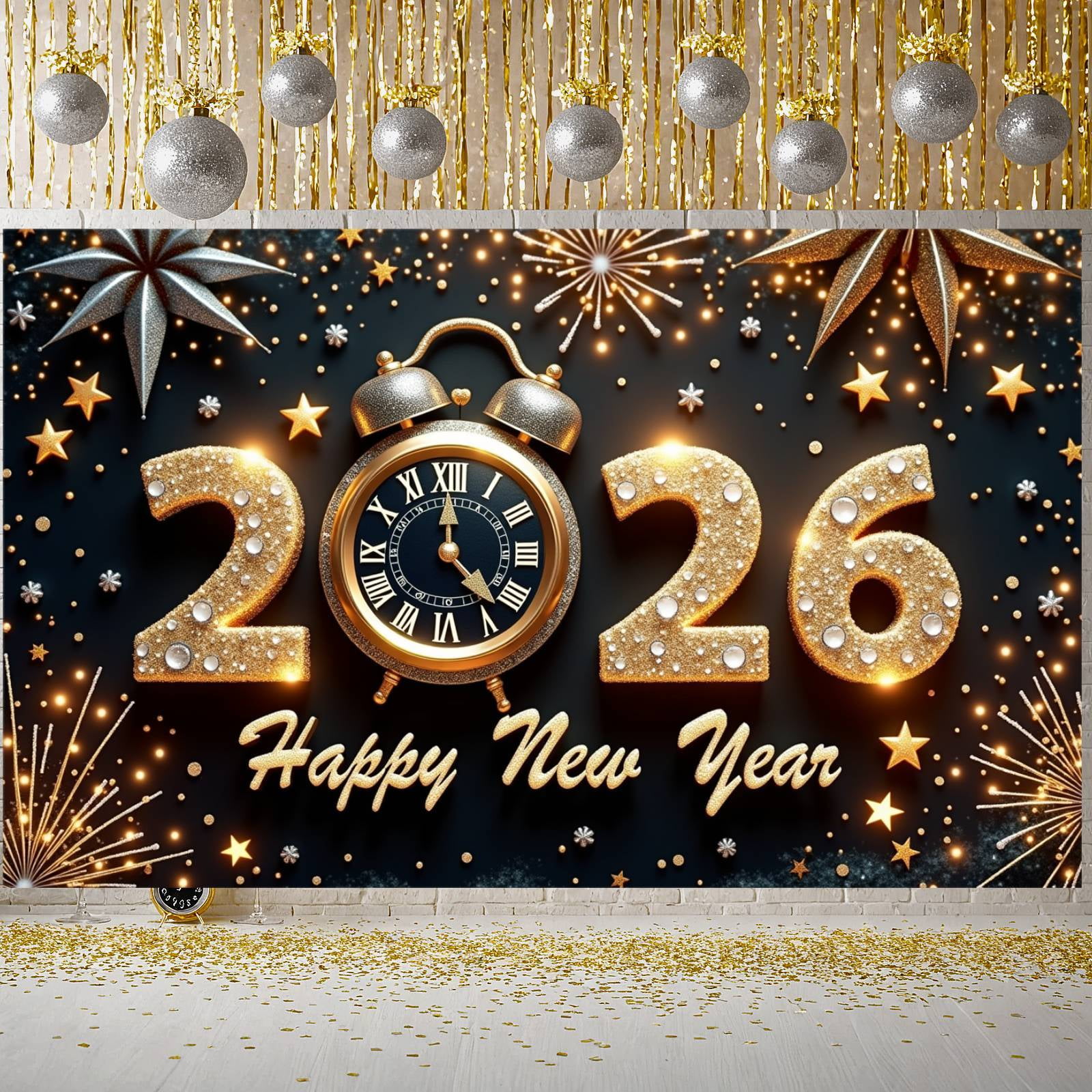 Golden Sparkling New Year Banner Firework Design 2026 Display Studded ...