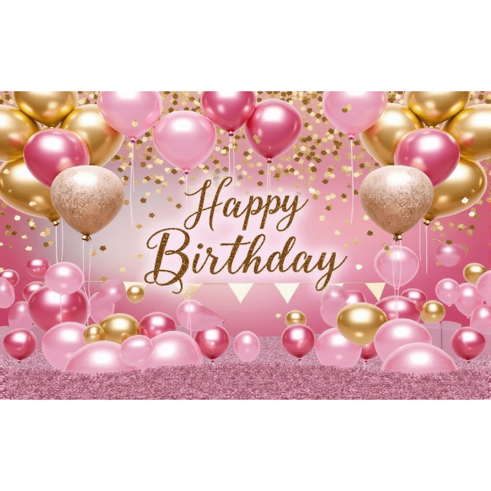 Golden Sparkling Pink Birthday Party Background Balloon Banner Poster ...