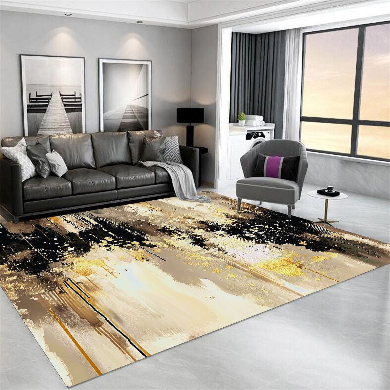 Golden Splash-ink Living Room Carpet Abstract Texture Rug for Bedroom ...
