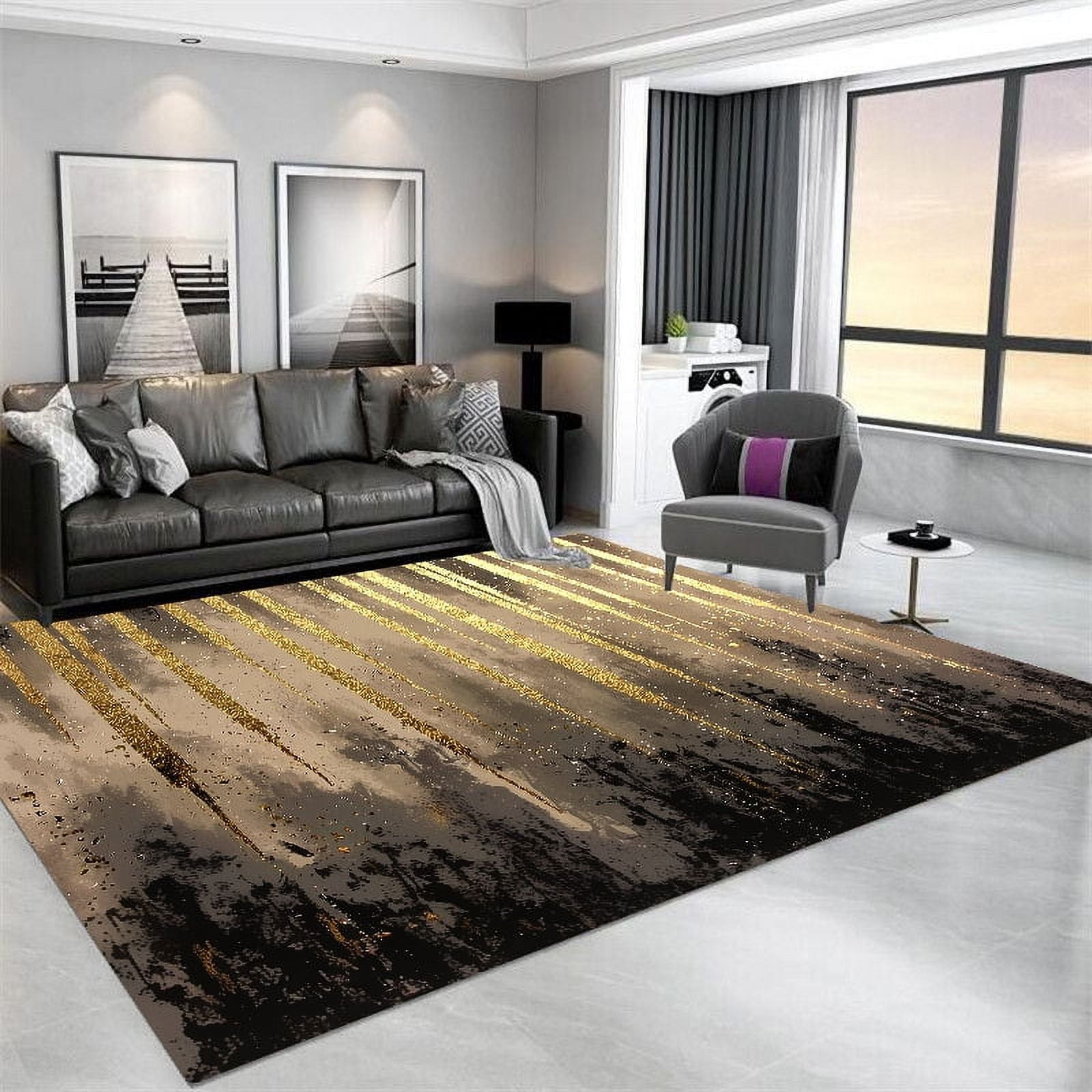 Golden Splash-ink Living Room Carpet Abstract Texture Rug for Bedroom ...