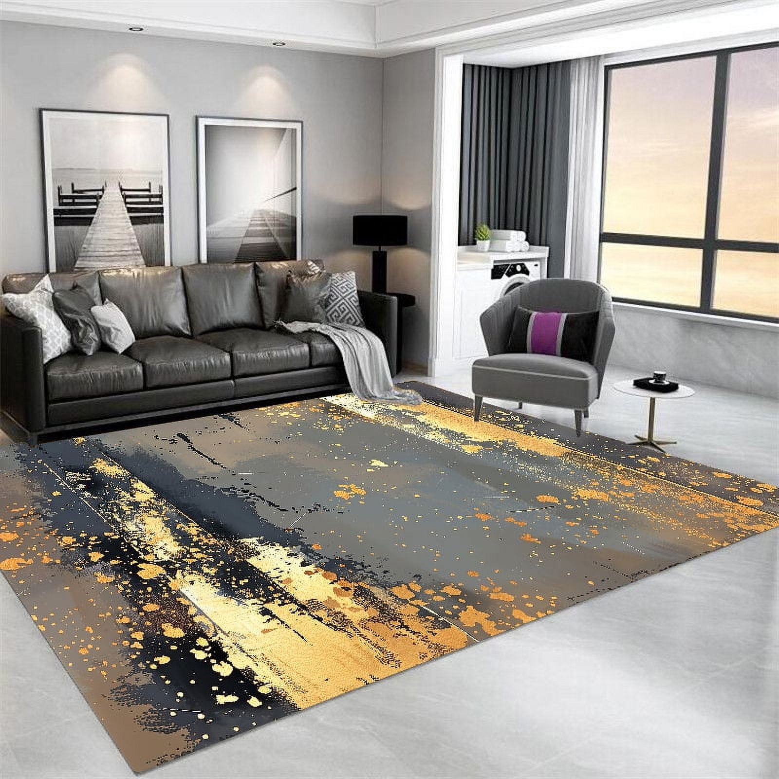 Golden Splash-ink Living Room Carpet Abstract Texture Rug for Bedroom ...