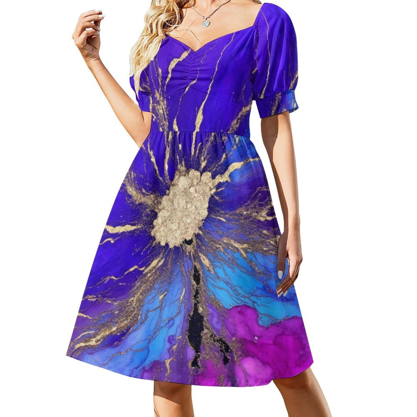 Golden Splash on Purple Blue Canvas Summer Women's Dress 2025 Elegant ...
