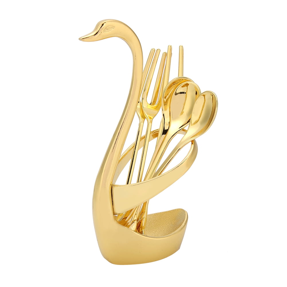 Golden Stainless Steel Swan-Shaped Fork & Spoon Set with 3 Spoons and 3 ...