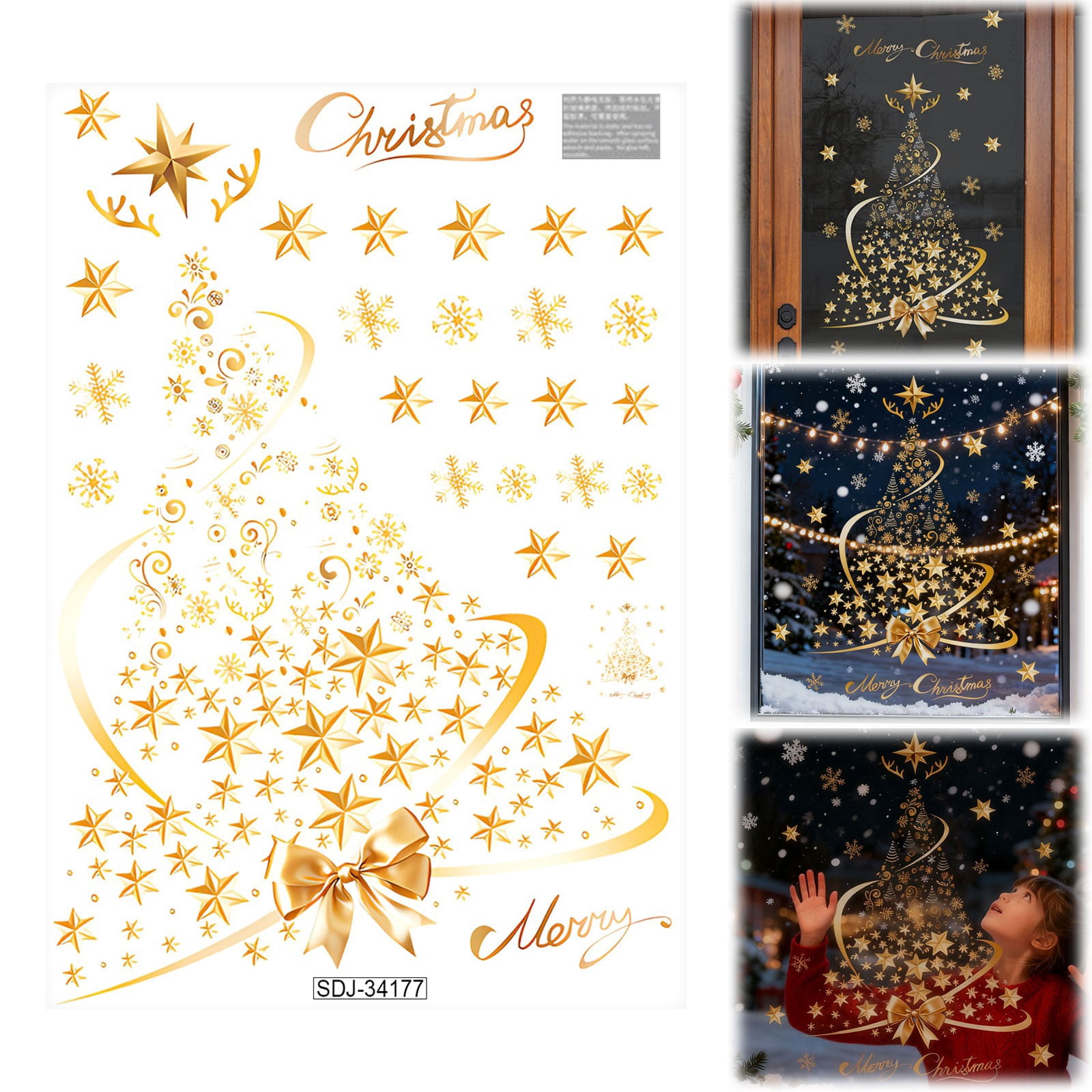 Golden Star Christmas Tree Window Cling, Extra Large Static Decal with ...
