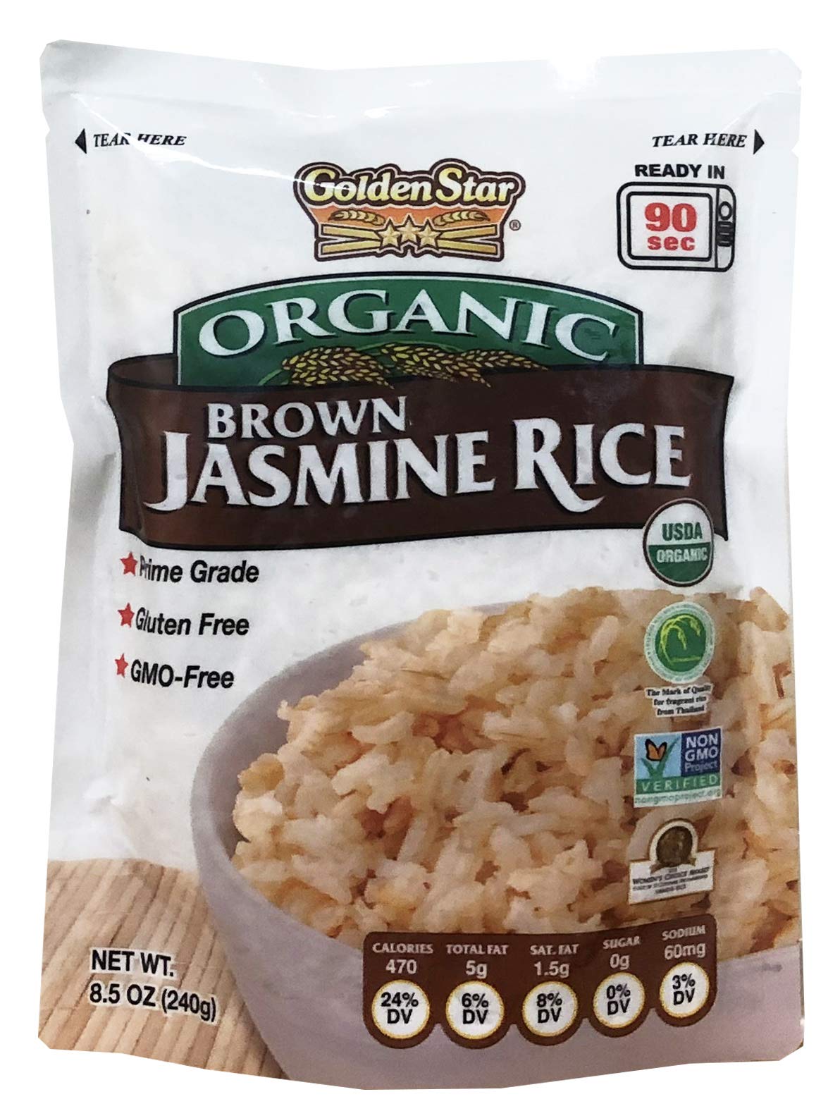 Golden Star Organic TWE5 Brown Jasmine Rice Pouch, 8.5 oz (8 Pack ...
