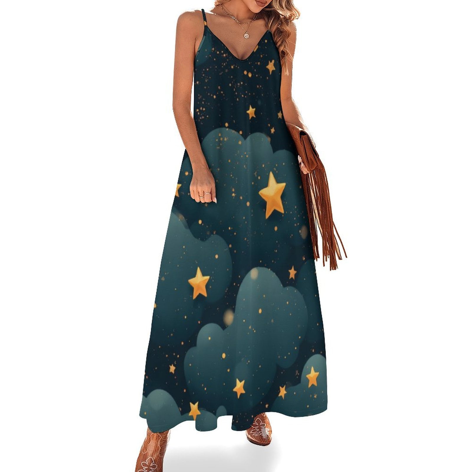 Golden Stars And Clouds Night Sky Design Sleeveless Dress Woman Fashion ...