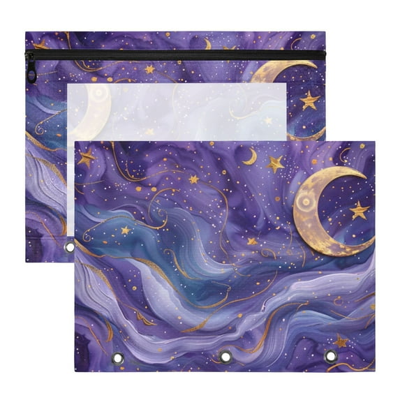 Golden Stars Crescent Moon Purple Wave 3-Ring Binder Pouches A4 Size ...
