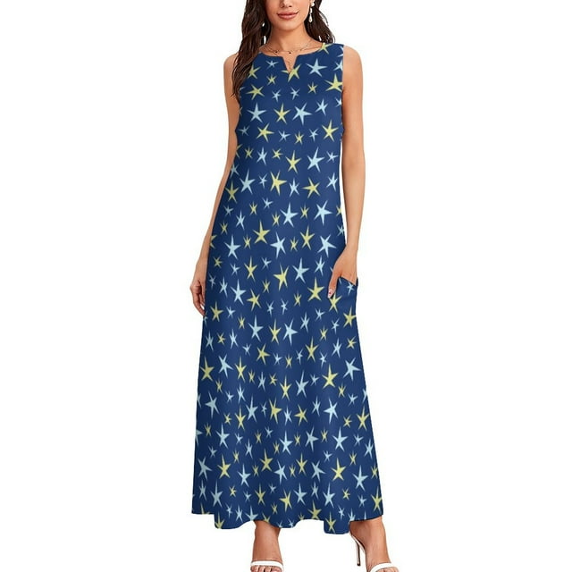 Golden Stars Dress Summer Cute Star Print Korean Fashion Bohemia Long ...
