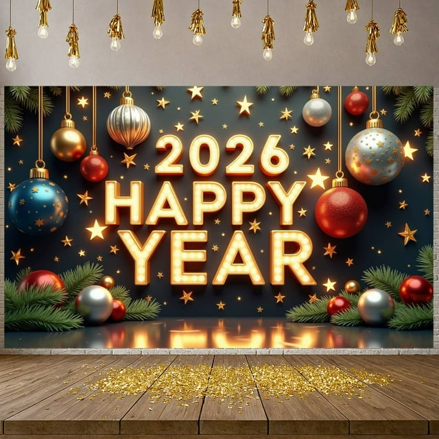Golden Stars Happy Year Banner Christmas Ornaments 2026 New Year ...