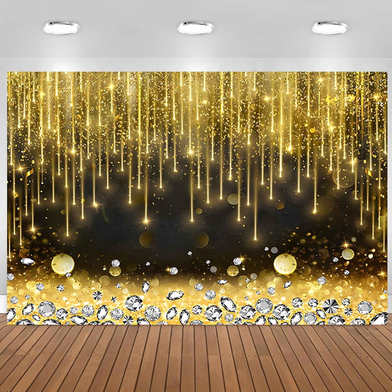 Golden Streamer Backdrop Black and Gold Spots Bokeh Sequin Photography ...