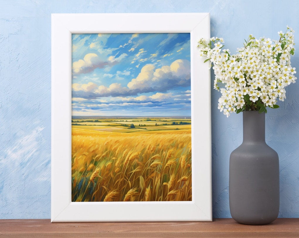 Golden Summer Wheatfield Art Print, Azure Sky Painting, Perfect For Warm And Rich Home Decor ...