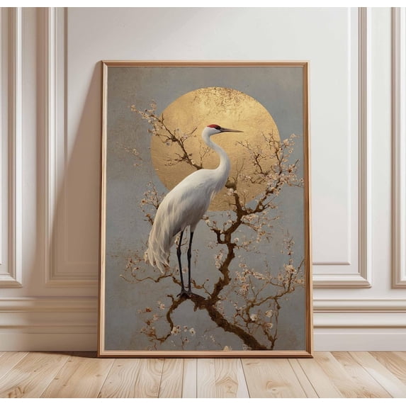 Golden Sun Crane Poster – Japanese Heron Wall Art with Plum Blossoms ...