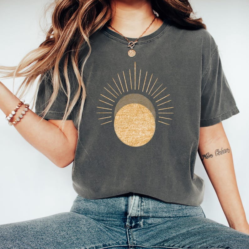 Golden Sun Rays Celestial Graphic T-Shirt, Minimalist Spiritual Boho ...
