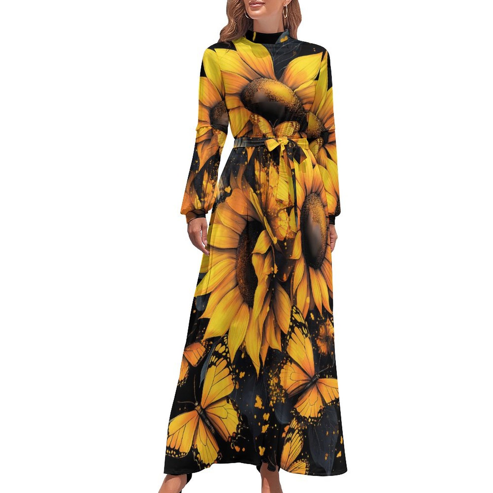 Golden Sunflower And Butterfly Women's Fall Maxi Dress Long Sleeve ...