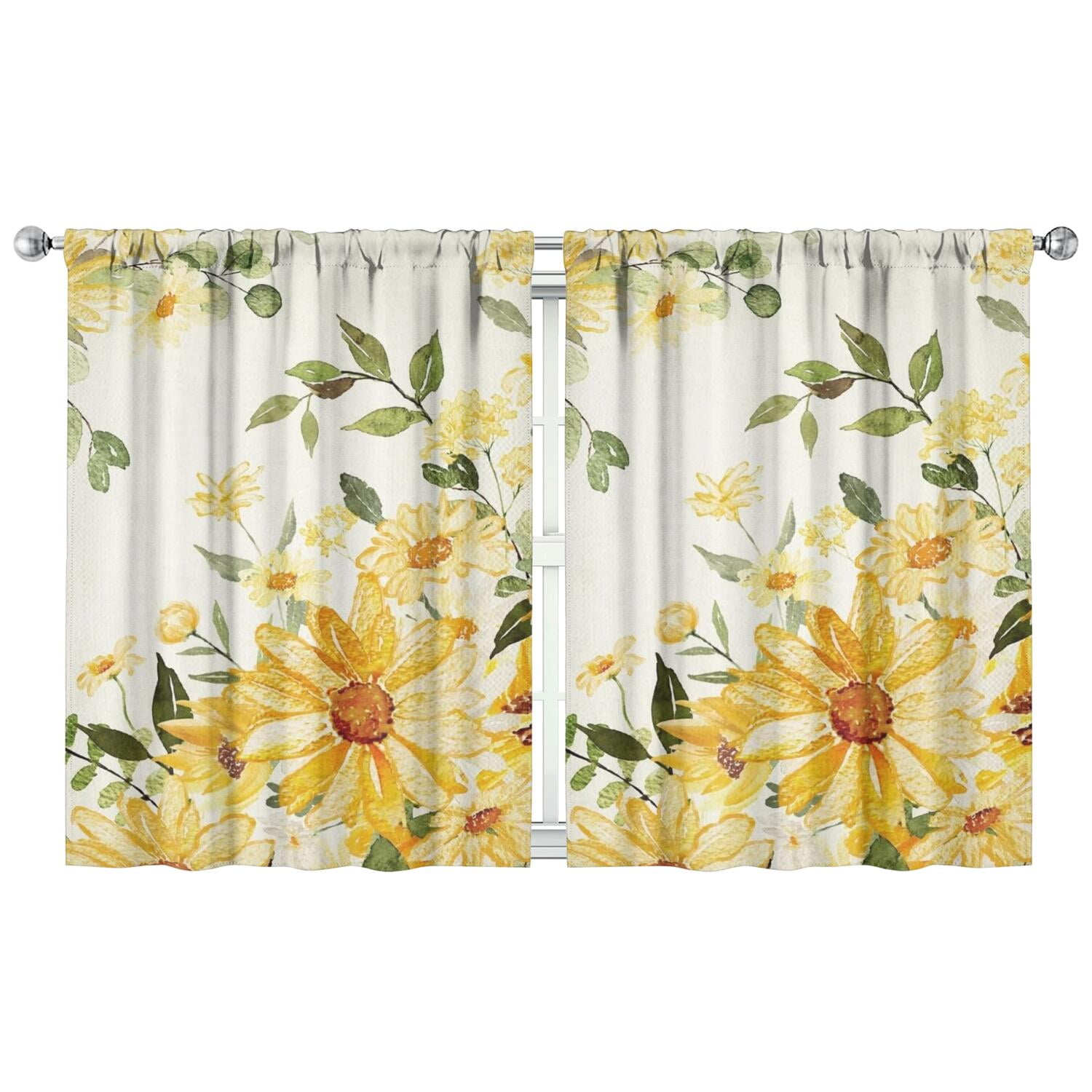 Golden Sunflower Pattern Kitchen Curtains - 2 Piece Semi-Sheer Yellow ...