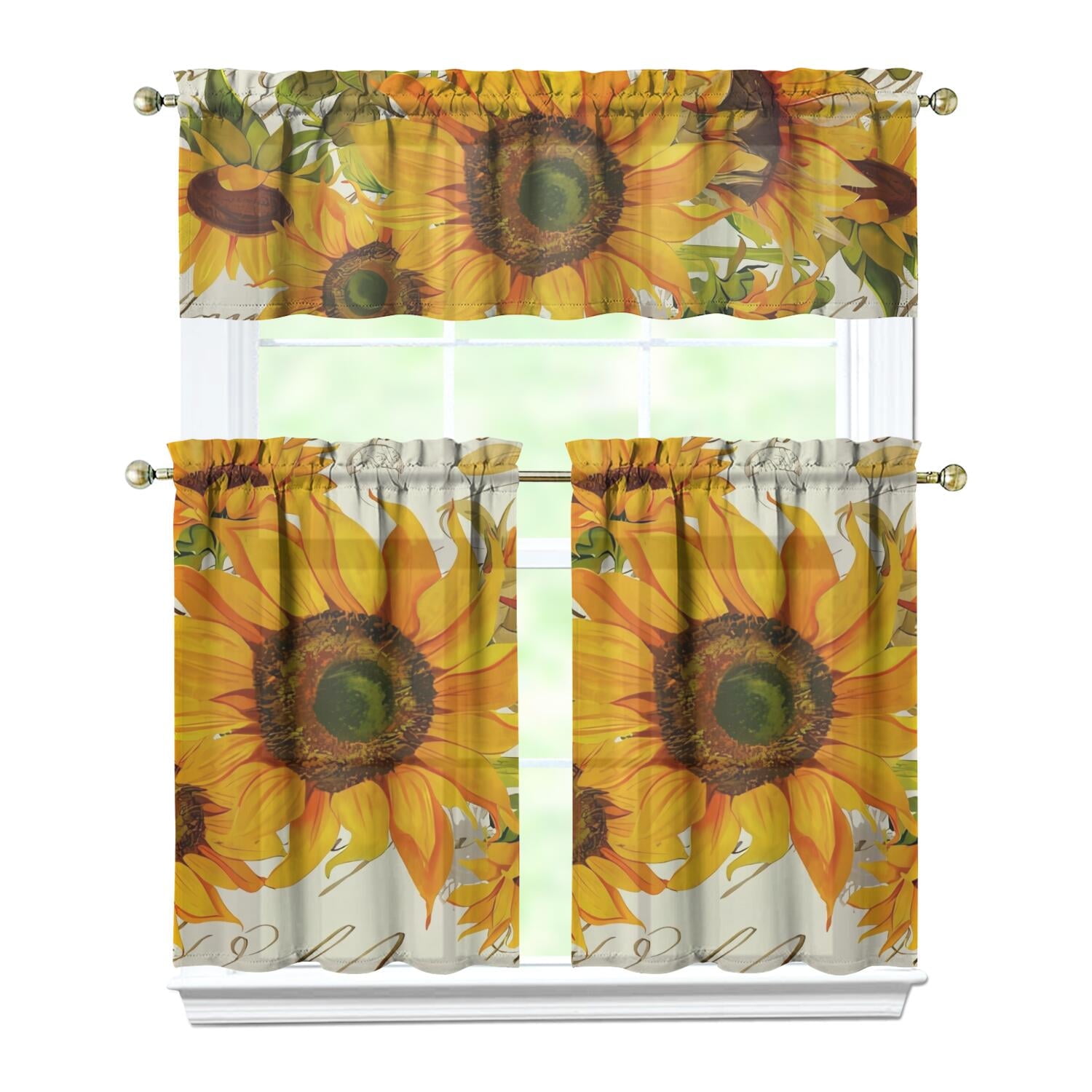Golden Sunflower Print Kitchen Curtains - Rustic Floral Tier Panels ...