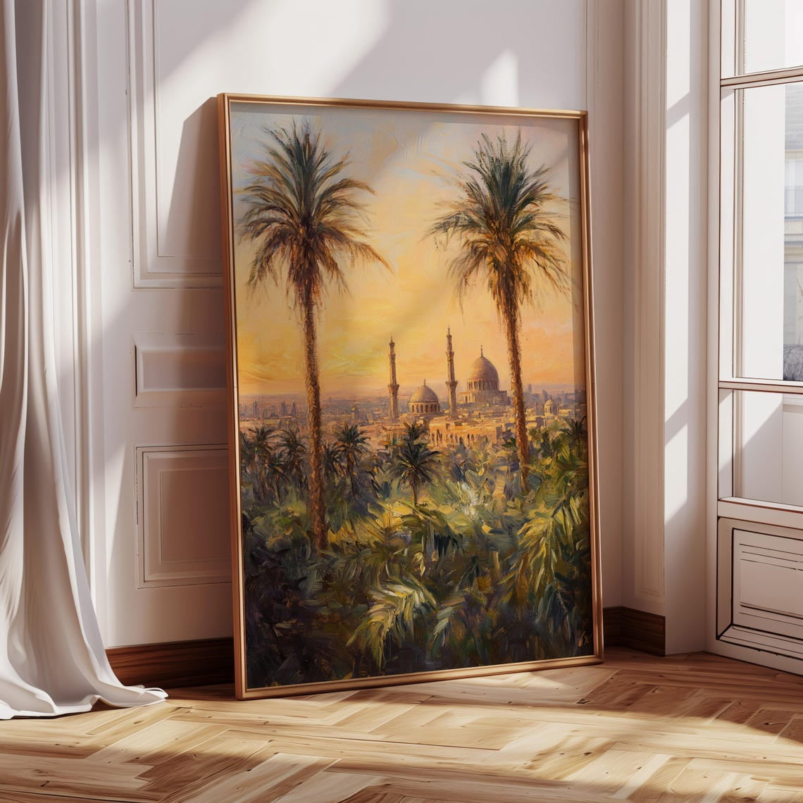 Golden Sunset Over Cairo Mosque – Palm Tree Oasis Landscape Wall Art With Middle Eastern ...