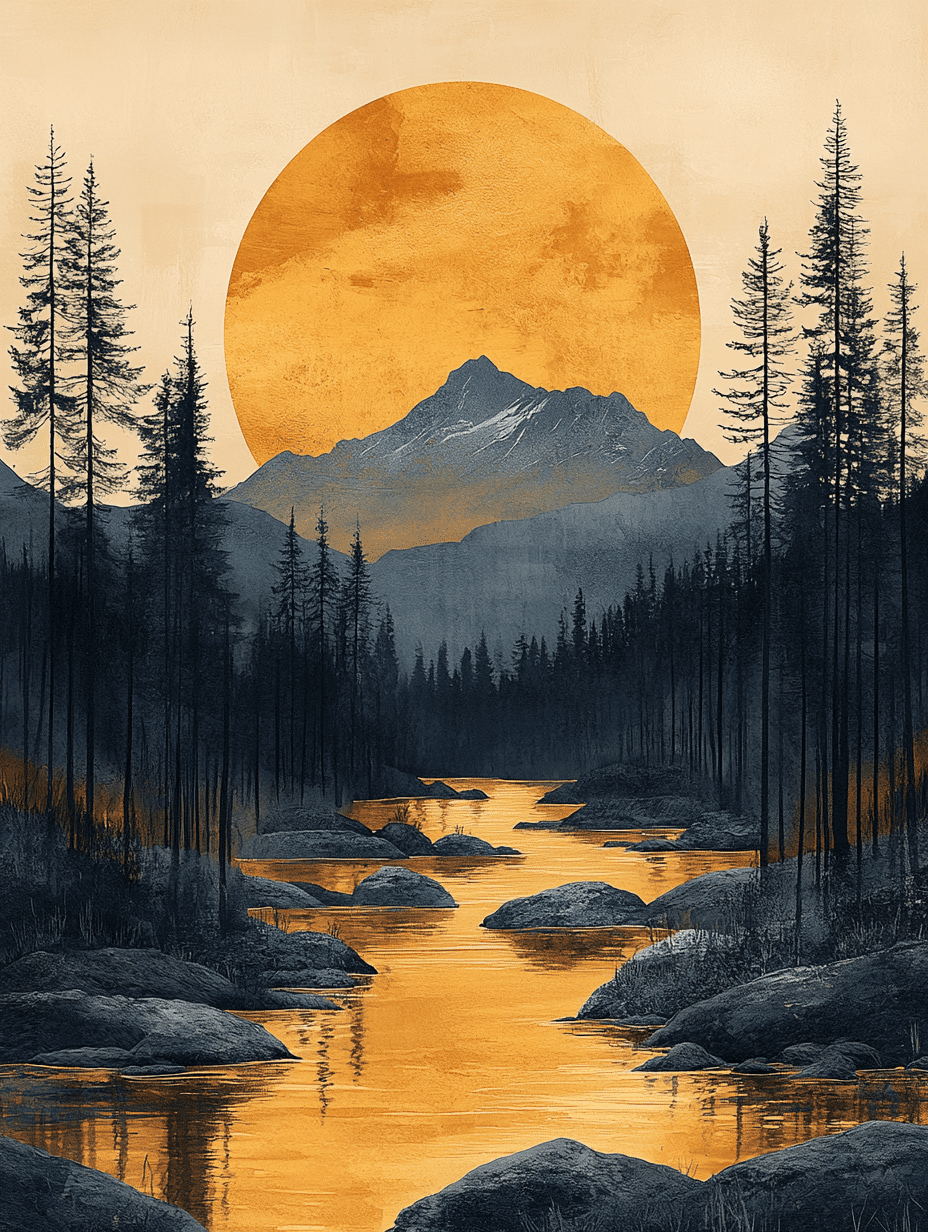 Golden Sunset Mountain River Landscape Canvas Wall Art， Perfect for ...