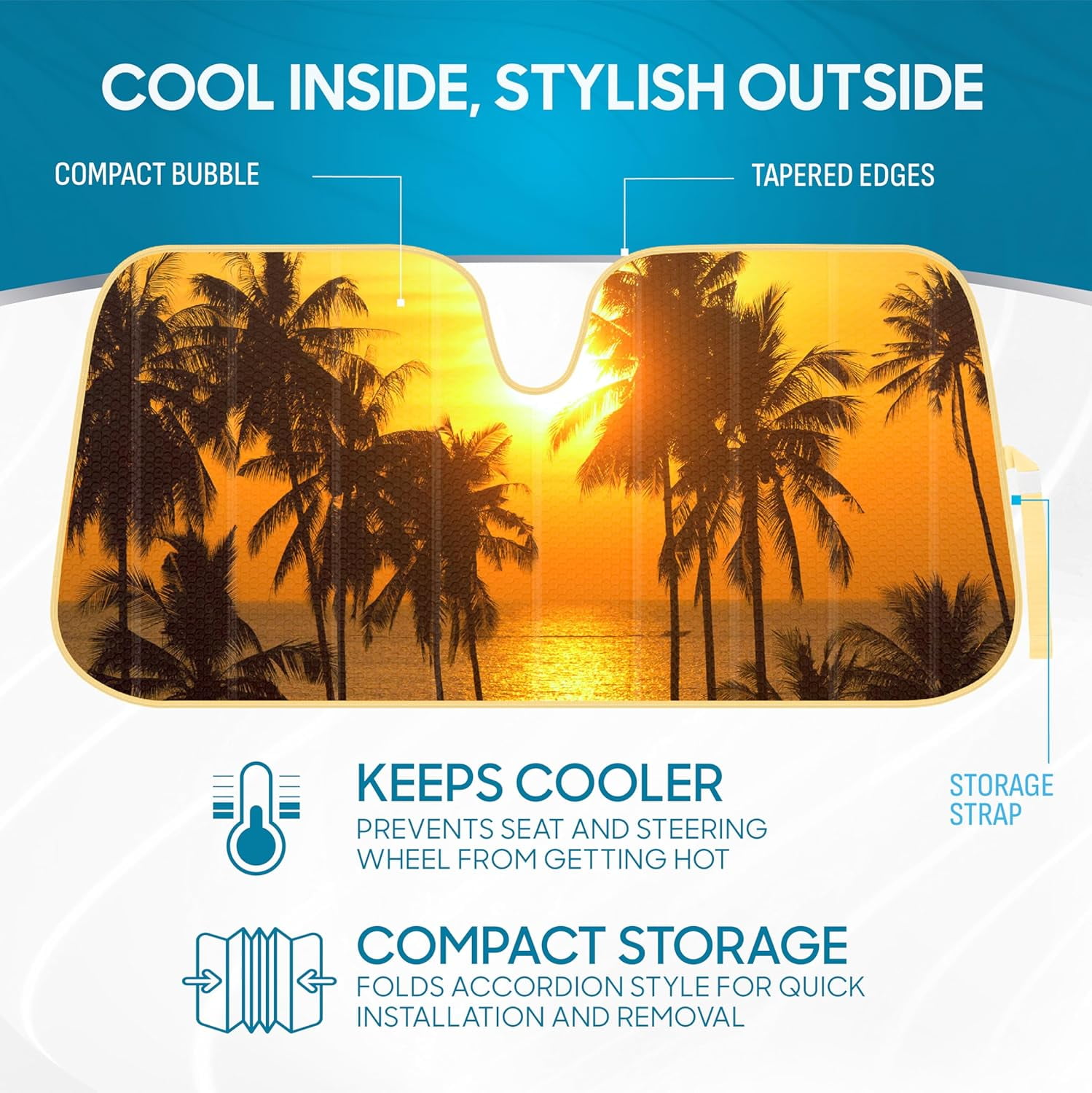 Golden Sunset Palm Trees Windshield Shade - 58x27 Inches, , Easy Fold ...