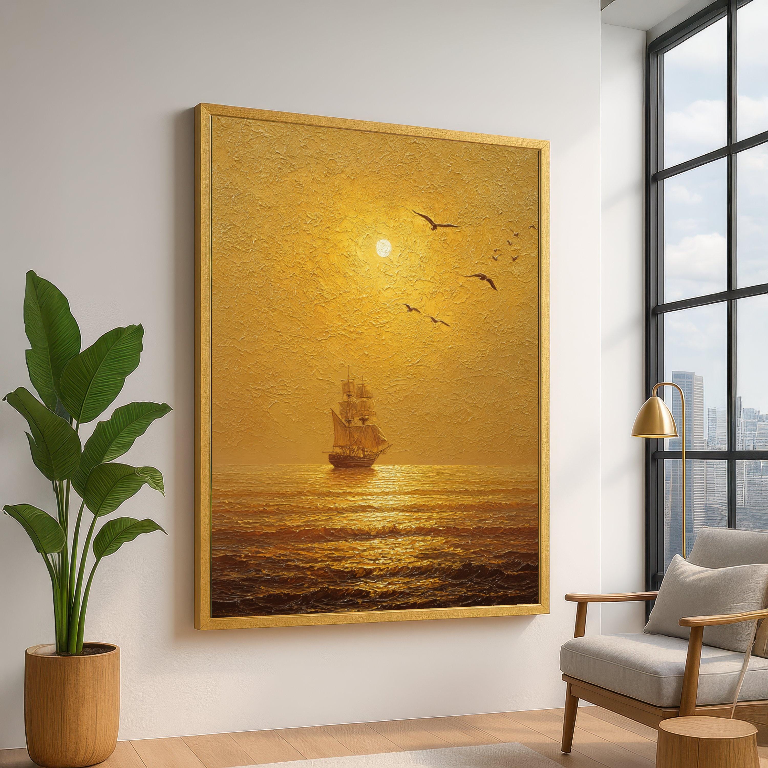Golden Sunset Sailing, Seascape Wall Art, Ocean Scene, Vintage Ship ...