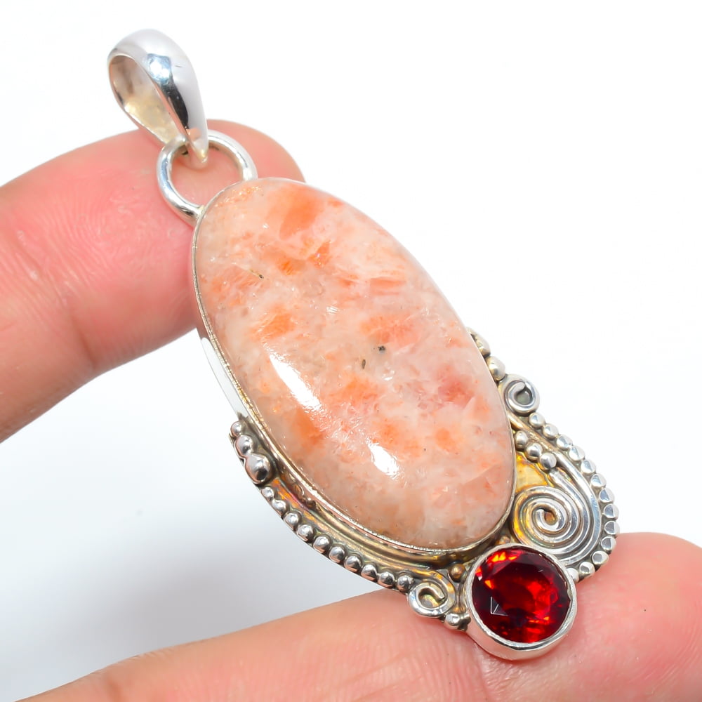 Golden Sunstone - Oregon & Garnet 925 Sterling Silver Bali Pendant 2.46" T73, Golden Sunstone ...