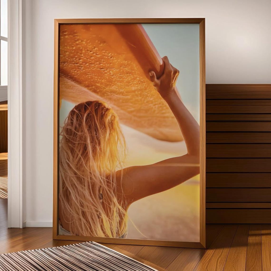 Golden Surf Girl Poster Sunset Beach Coastal Wall Art Poster, Stretched ...