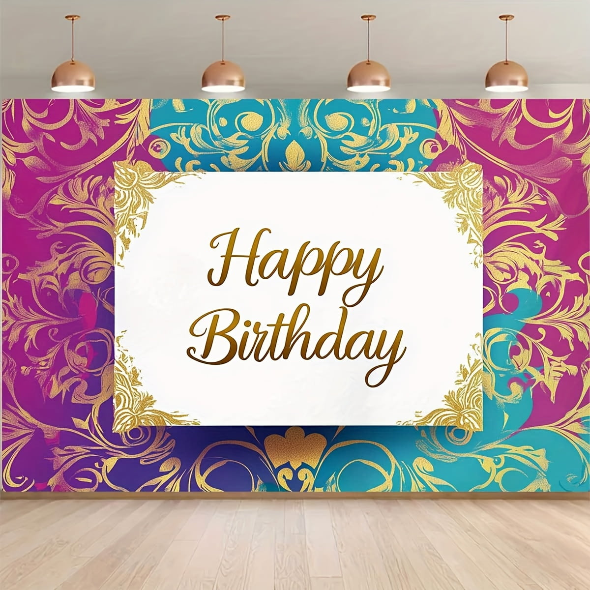 Golden Teal Floral Birthday Backdrop for Women Men Abstract Colorful ...