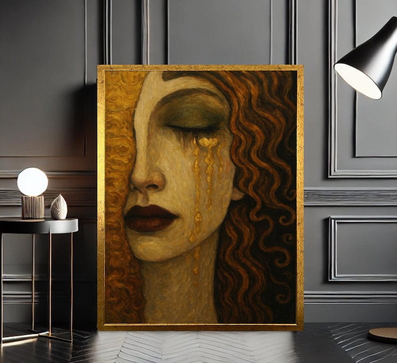 Golden Tears Woman Portrait, Emotional Expressionist Art, Deep Sadness ...