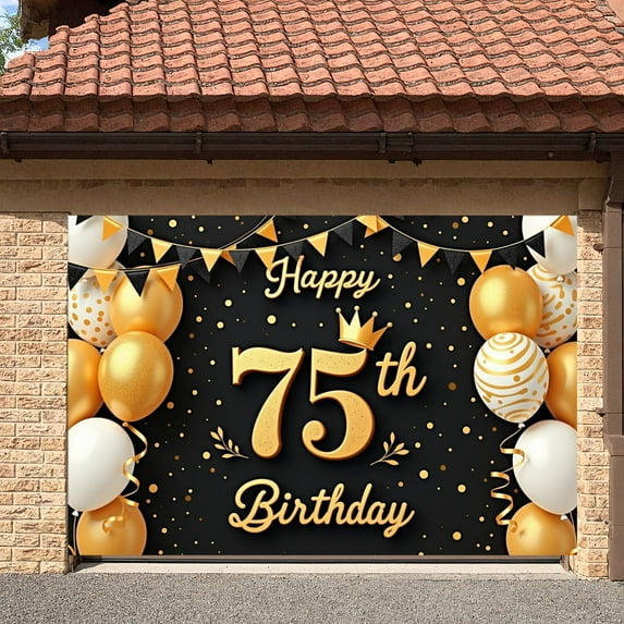 Golden Theme 75th Birthday Banner Black Background Display Crown Design ...