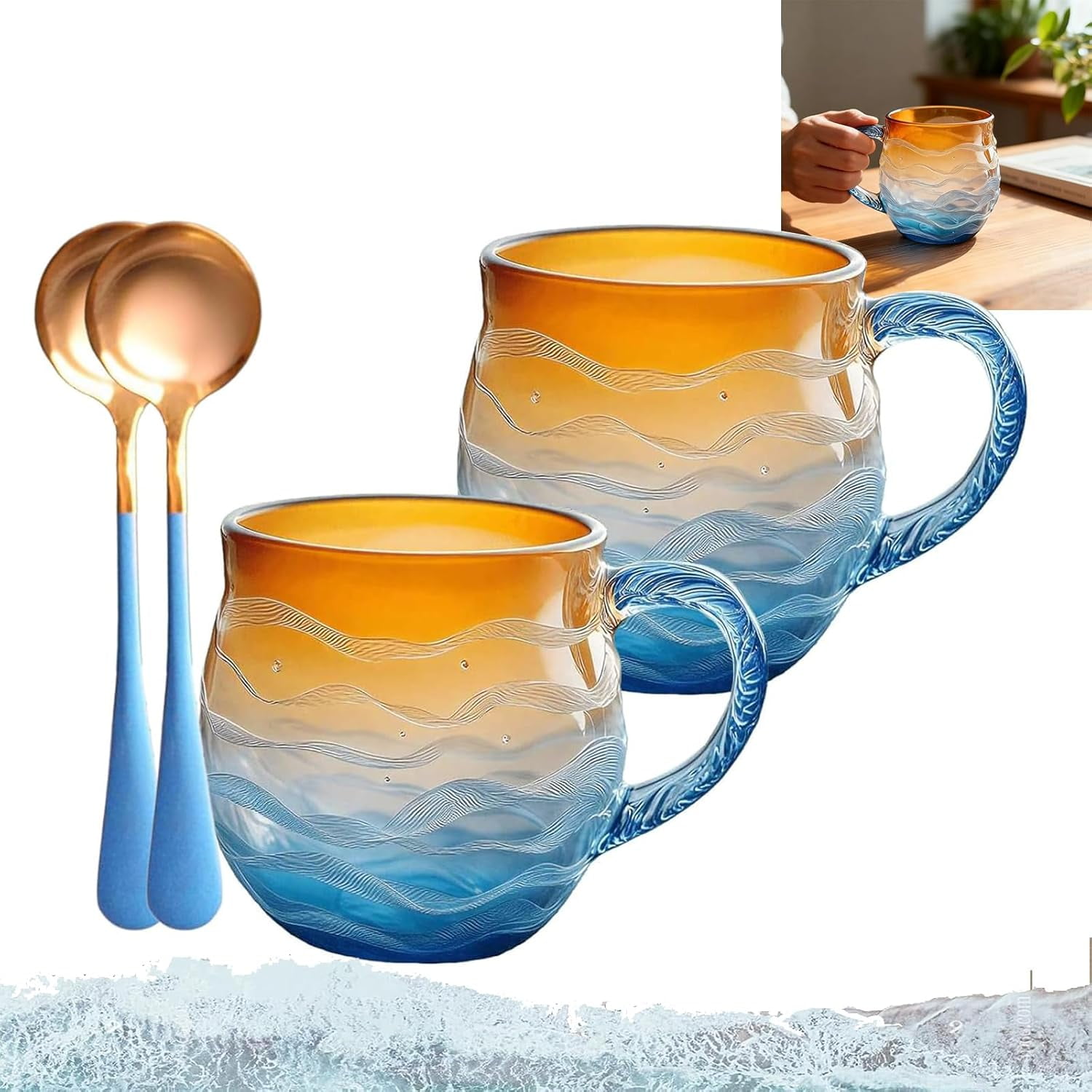 Golden Tide Mug, Glass Ocean Wave Coffee Mugs, Handcrafted Glass Unique ...